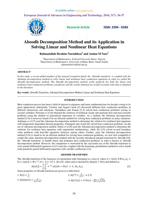 Pdf Aboodh Decomposition Method And Its Application In Solving Linear And Nonlinear Heat Equations