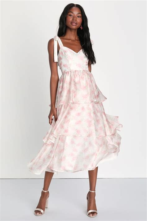 Ivory Floral Tiered Dress Tie Strap Midi Dress Organza Dress Lulus
