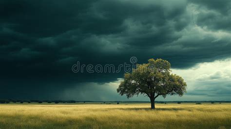 Lone Tree In Golden Field Under Dark Stormy Clouds With Approaching