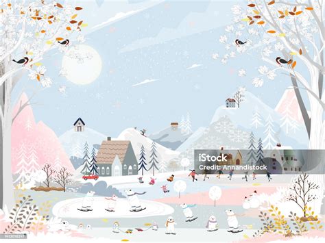 새해에 야외 활동을 즐기는 사람들과 밤에 겨울 풍경 축하 사람들과 함께 크리스마스 휴일에 벡터 도시 풍경 아이스 스케이트를 타는