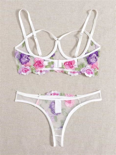 Elegant Sheer Lace Bra Set With Colorful Feather Accents