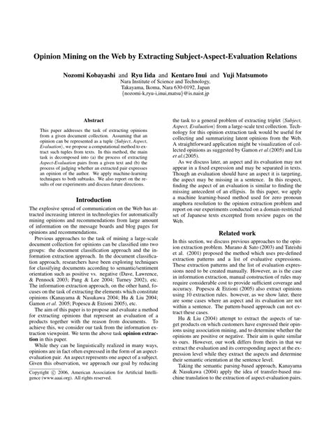 Pdf Opinion Mining On The Web By Extracting Subject Aspect Evaluation Relations