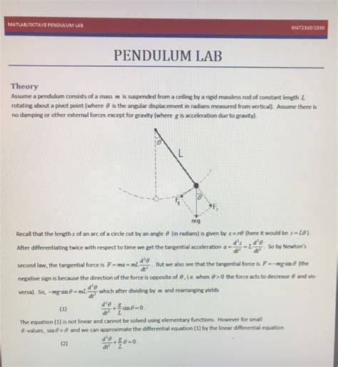 Solved MATLAB OCTAVE PENDULUM LAB MAT2310 2330 PENDULUM LAB Chegg Com
