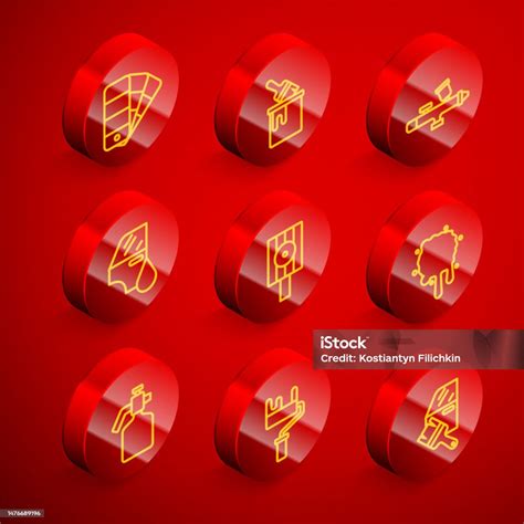 라인 색상 팔레트 가이드 브러시가있는 페인트 통 스프레이 건 자동차 페인팅 스프레이 캔 노즐 캡 및 롤러 아이콘을 설정합니다 벡터 3차원 형태에 대한 스톡 벡터 아트 및