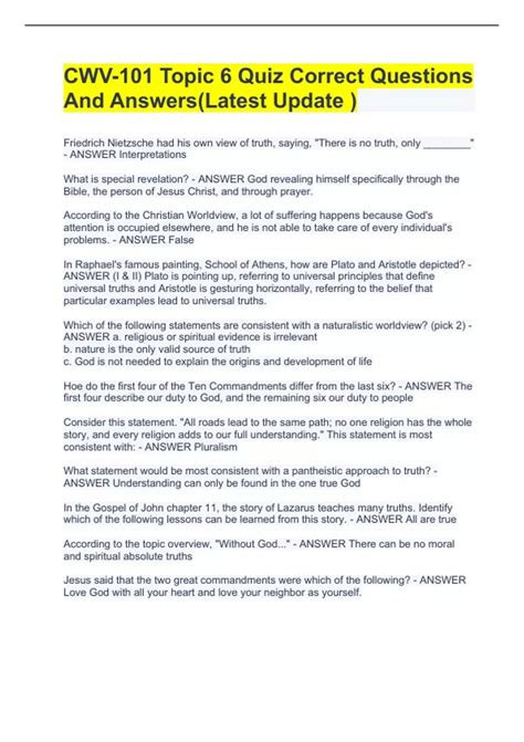 Cwv 101 Topic 6 Quiz Correct Questions And Answerslatest Update