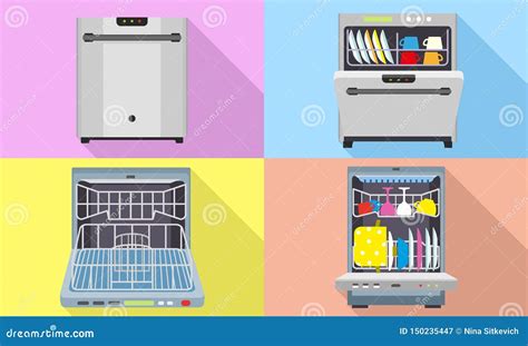 Dishwasher Icons Set Flat Style Stock Vector Illustration Of Control Flat