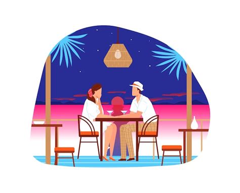 Casal Homem Mulher No Encontro Amoroso Restaurante Jantar Ao Pôr Do Sol