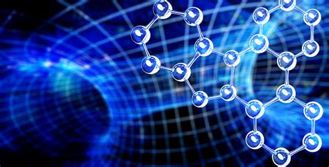 추상적인 분자 구조의 모형을 가진 수평한 기치 유리 원자 모델을 가진 푸른 색의 배경 글로벌 커뮤니케이션 사이버 기술 및 네트워킹 개념 3d 렌더링 3차원 형태에 대한 스톡