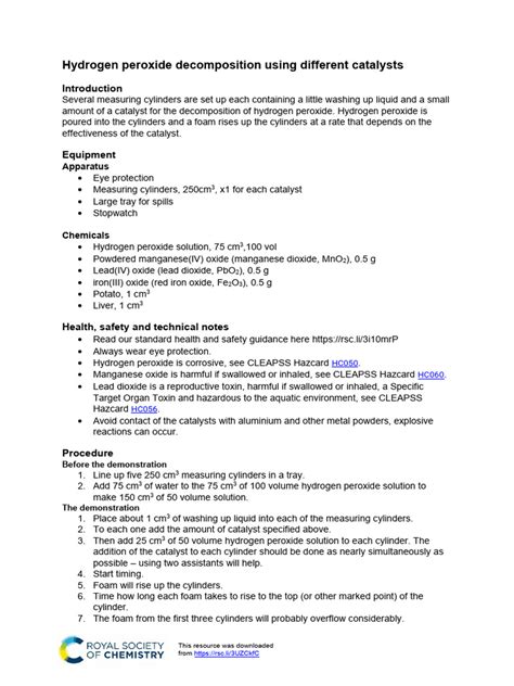 Hydrogen Peroxide Decomposition Using Different Catalysts Teacher Notes