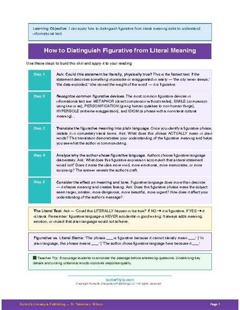 Grade 6 Figurative Vs Literal Meaning Reading Passages Text Evidence