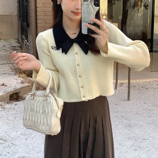 韩系秋冬新款翻领蝴蝶结针织开衫女学院风小众撞色短款毛衣上衣 阿里巴巴
