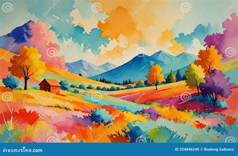 Colorful Landscape With Trees And Mountains Stock Illustration