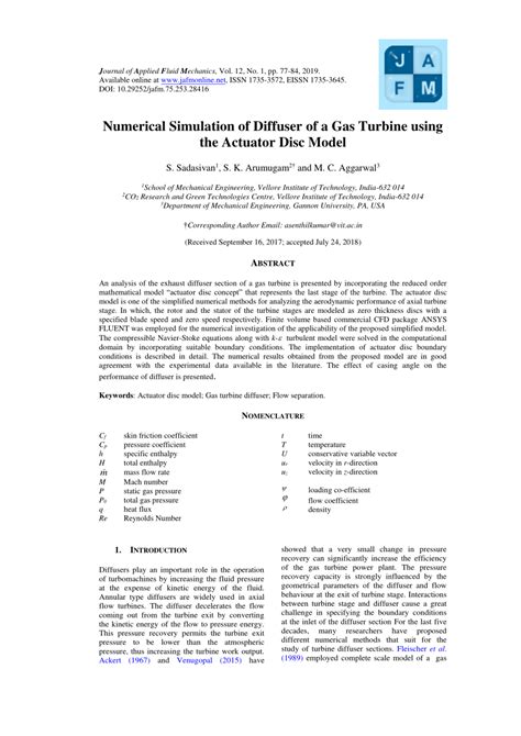 Pdf Numerical Simulation Of Diffuser Of A Gas Turbine Using The Actuator Disc Model