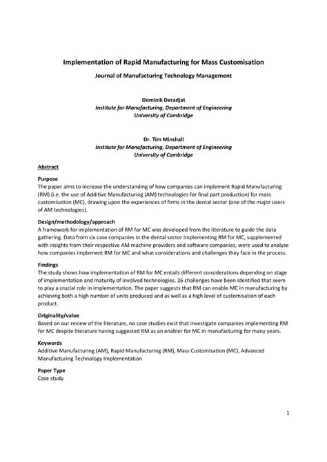 Pdf Implementation Of Rapid Manufacturing For Mass Customisation
