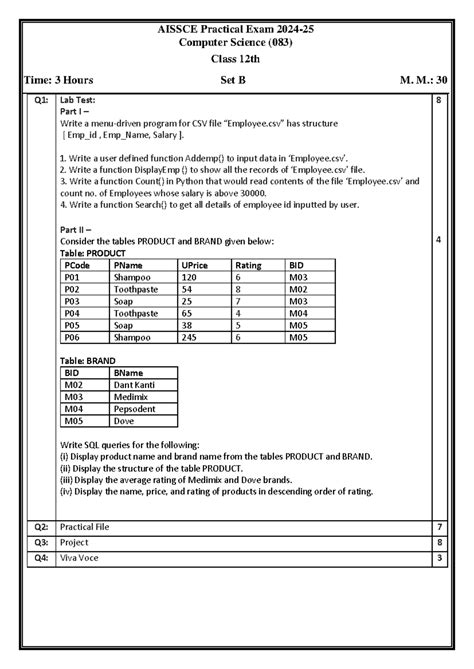 Class 12 Computer Science Practical Set B New Solution Aissce Practical Exam 202 4 25