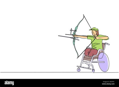 Single Continuous Line Drawing Disabled Archer Female Athlete Aiming