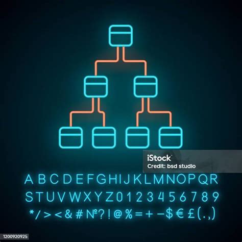 트리 다이어그램 네온 라이트 아이콘입니다 계층 적 시스템 노드 링크 다이어그램 트리 구조입니다 시퀀스 및 제출 알파벳 숫자 및 기호와 빛나는 기호 벡터 절연 그림 0명에