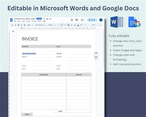 Editable Auto Calculate Invoice Template Printable PDF MS Word MS Excel Google Docs Google