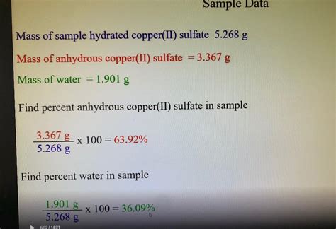 Solved Sample Data Mass Of Sample Hydrated Copper Ii