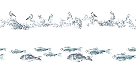 나뭇가지에 새와 물고기의 완벽 한 테두리 세트 우아한 올리브 나무 가지 나이팅게일을 앉히고 노래하는 수채화 구성 흑백으로 다양한 물고기를 수영합니다 흰색 배경에 검은 색과