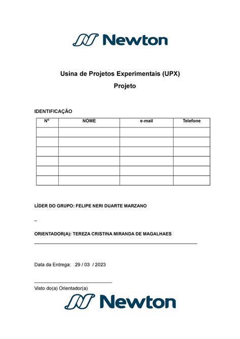 Projeto UPX Usina de Projetos Experimentais UPX Projeto IDENTIFICAÇÃO NO NOME e mail