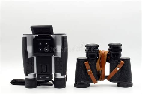 Modern Binoculars With Digital Screen And Vintage Binoculars Stock