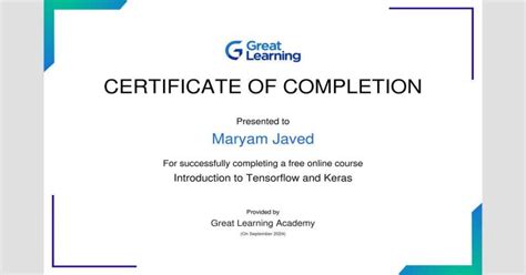 Introduction To Tensorflow And Keras Course Completion Certificate For
