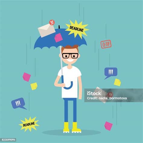 사무실 개념적 그림입니다 젊은 캐릭터 우산으로 정보 흐름 으로부터 자신을 보호합니다 들어오는 정보 필터링 가정 생활에 대한 스톡