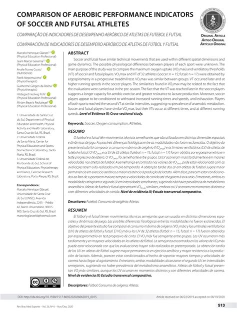 Pdf Comparison Of Aerobic Performance Indicators Of Soccer And Futsal Athletes