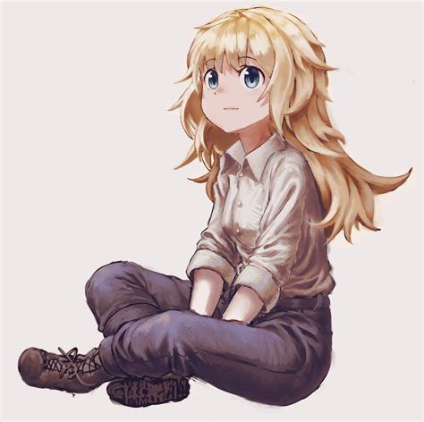Safebooru 1girl Bangs Between Legs Blonde Hair Blue Eyes Blue Pants
