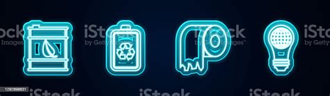 세트 라인 바이오 연료 배럴 재활용 배터리 화장지 롤 및 전구 세계 전세계 빛나는 네온 아이콘 벡터 0명에 대한 스톡 벡터 아트 및 기타 이미지 Istock