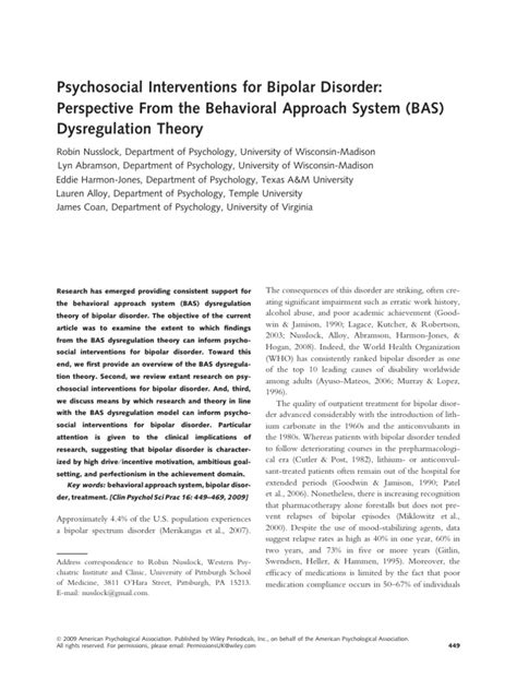 Psychosocial Interventions For Bipolar Disorder Perspective From The