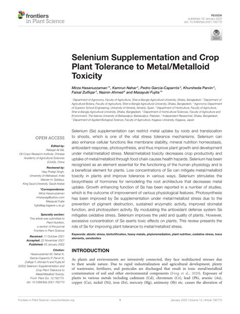 Pdf Selenium Supplementation And Crop Plant Tolerance To Metal