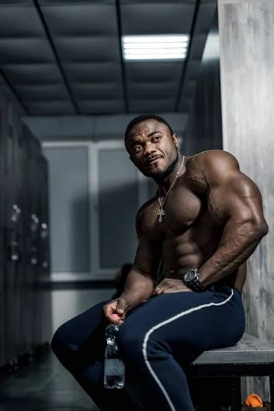 African American Bodybuilder Man Naked Muscular Torso Wearing Jeans