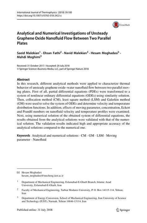 Pdf Analytical And Numerical Investigations Of Unsteady Graphene Oxide Nanofluid Flow Between