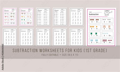 Subtraction Worksheet Teaching Material Template Design Stock Vector