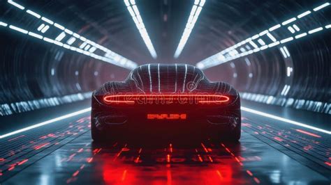 Futuristic Car In Neon Lit Digital Tunnel Glowing Red Lights