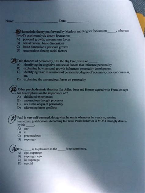 Solved Name Date Humanistic Theory Put Forward By Maslow And Rogers Focuses On Whereas Freud
