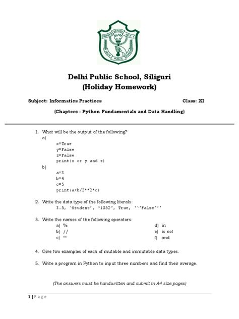 Class11 Holiday Homework Informatics Practices Pdf