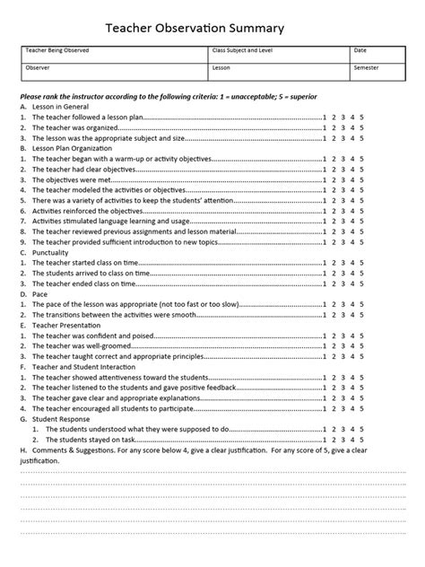 Observation Assignmentform Pdf Teachers Lesson Plan