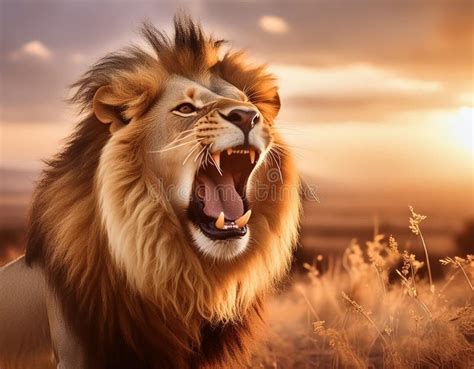 Lion Roaring In Savanna Landscape Dramatic Wildlife Scene Stock Image