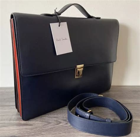 PAUL SMITH MARINEBLAU Hell Streifen Konzertina Leder Aktentasche