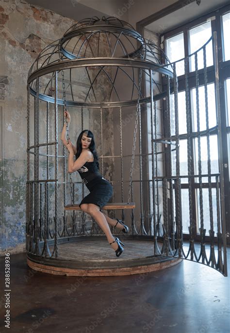 Sexy Gothic Girl In Tight Black Dress Behind The Big Cage Posing As