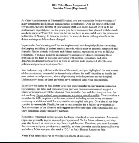 Solved BUS 350 Memo Assignment 2 Sensitive Memo Reprimand Chegg Com