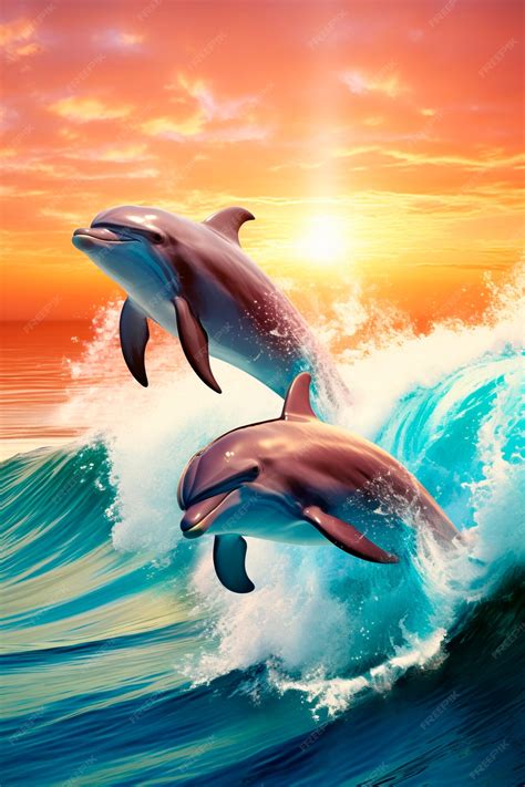 Beautiful Dolphins Swimming At Sunset Ai Generated Image