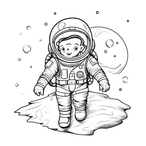 얇은 선명한 선과 우주 정거장 배경이 있는 어린이 만화 스타일을 위한 간단한 우주 비행사 색칠 페이지 흑백 낮은 세부 음영 없음 흰색 배경 생성 Ai 프리미엄 사진