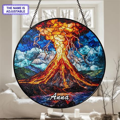 Volcano Stained Glass Suncatcher Handmade Window Hanging Decor Lava