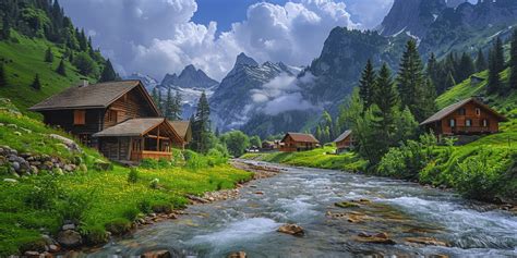 Scenic Alpine Village By A Clear Stream Surrounded Lush Greenery