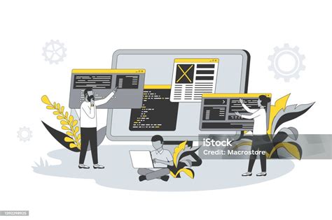 플랫 라인 디자인의 컴퓨터 프로그래밍 개념 사람들은 소프트웨어를 만들고 코드와 스크립트를 작성하고 프로그래밍 언어 제품 최적화로