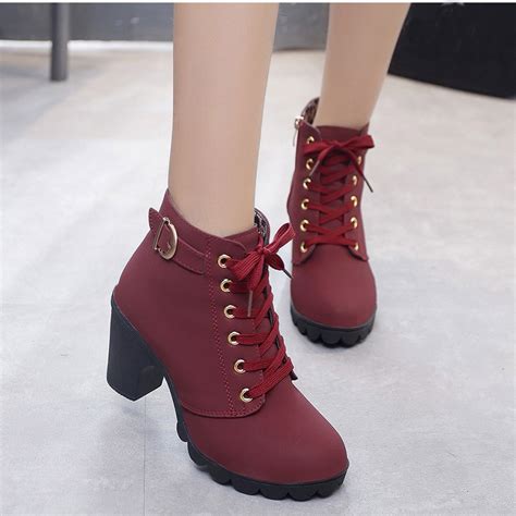 Plus Size Ankle Boots Platform High Heels Buckle Shoes Thick Heel Short